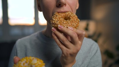 Sweet Addiction Concept Woman Eating Donut Stock Footage Video (100% ...