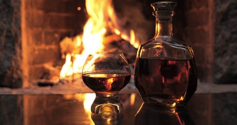 Bottle Glass Whiskey Cognac Burning Fire Stock Footage Video (100% ...