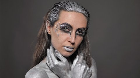 Portrait Beautiful Woman Silver Paint On Stock Footage Video (100% ...