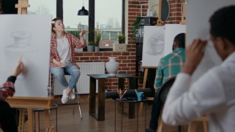 Young Woman Explaining Drawing Technique Students Stock Footage Video ...