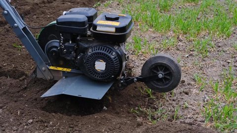 Elderly Man Plows Soil Cultivator Tillerblock Stock Footage Video (100% ...