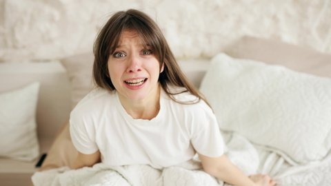 Close Upset Beautiful Woman Sitting Bed Stock Footage Video (100% ...
