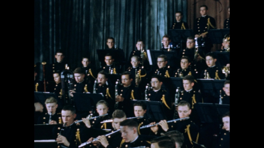 1950s orchestra playing instruments on stage Stock Footage Video (100% ...