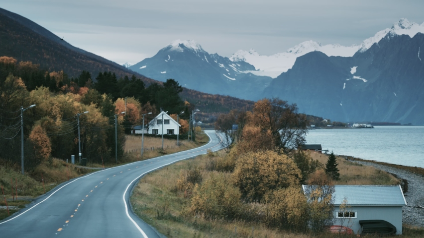 narrow two-lane road following fjord shoreline Stock Footage Video (100 ...