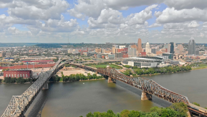 aerial view downtown cincinnati skyline bridges Stock Footage Video ...