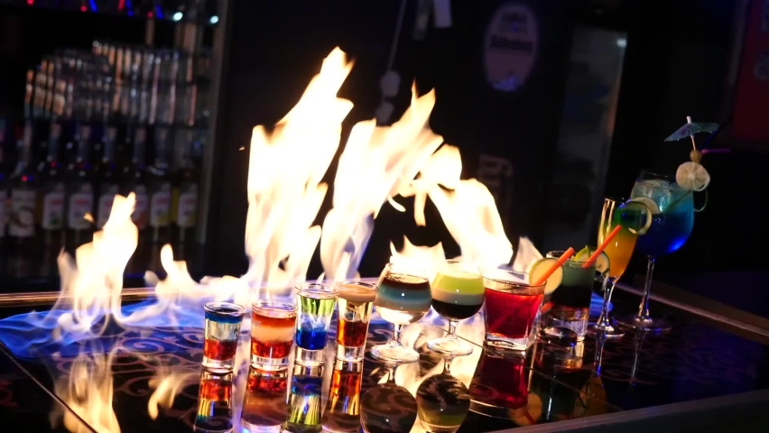 Flaming Cocktails Fire Cocktails Fire Show Stock Footage Video (100% ...