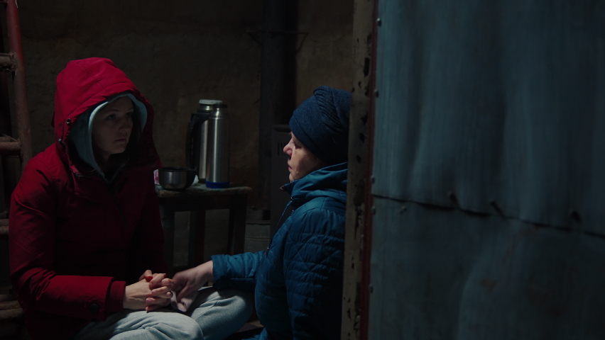 Two Scared Women Hiding Basement Their Stock Footage Video (100% ...