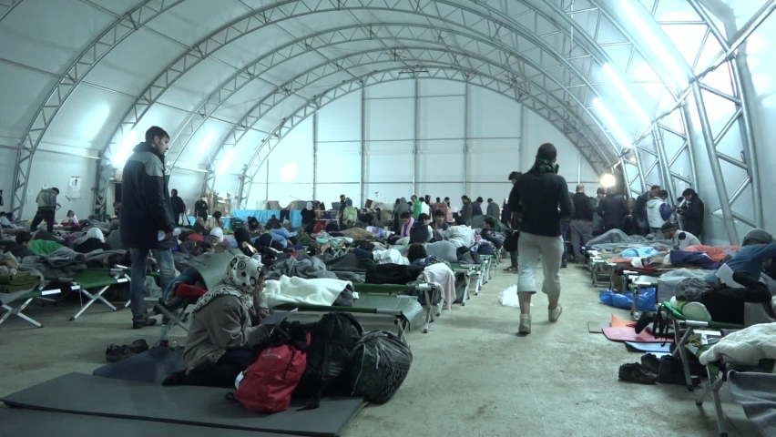 Hangar Full Refugees Beds Mattresses During Stock Footage Video (100% ...
