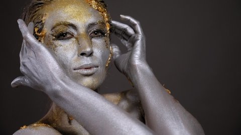 Closeup Young Woman Silver Gold Skin Stock Footage Video (100% Royalty ...