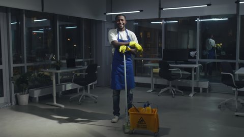 Portrait Africanamerican Janitor Smiling Camera Dark Stock Footage ...