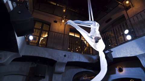 Female Aerialist Spinning Silks Cross Back Stock Footage Video (100% ...