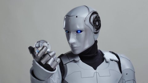 Portrait Futuristic Silver Cyborg Holding Examining Stock Footage Video ...