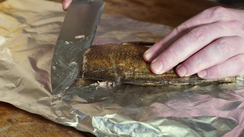 Smoked Bream Body Being Splitted Knife Stock Footage Video (100% ...
