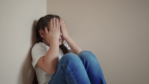 Sad Girl Sitting Corner Crying Covered Stock Footage Video (100% ...