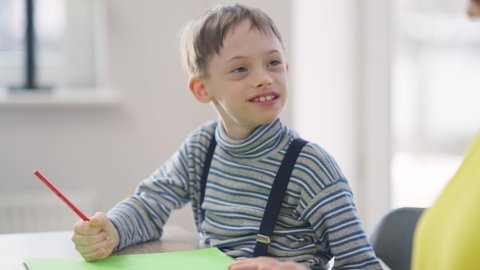 Portrait Excited Boy Autism Smiling Blurred Stock Footage Video (100% ...