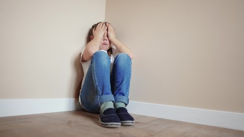 Sad Girl Sitting Corner Crying Covered Stock Footage Video (100% ...