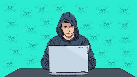 Cartoon Animation Hacker Sitting Working Front Stock Footage Video (100 ...