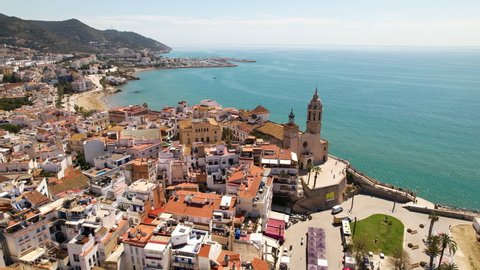 Aerial View Sitges Coastal Village Iglesia Stock Footage Video (100% ...