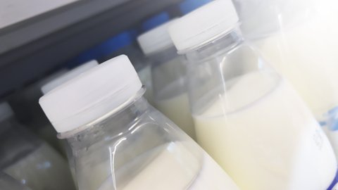 Milk Bottles Line On Shelf Supermarket Stock Footage Video (100% ...