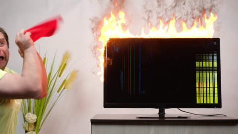 Man Extinguishes Fire Burning Tv Room Stock Footage Video (100% Royalty ...