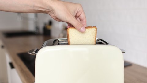 Close Hand Puting Toasts Bread Toaster Stock Footage Video (100% ...