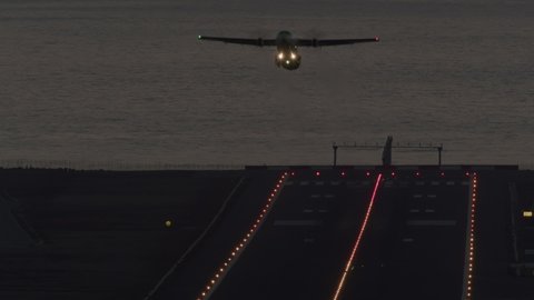 Frontal Takeoff Illuminated Runway Flashers Aircraft Stock Footage ...