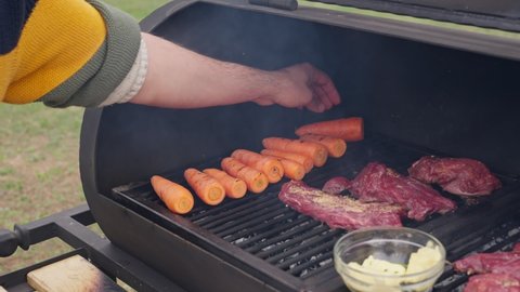 Chef Rotating Carrots On Grill Beef Stock Footage Video (100% Royalty ...