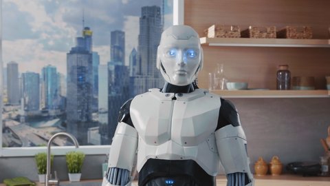 Portrait White Robot Like Human Standing Stock Footage Video (100% ...