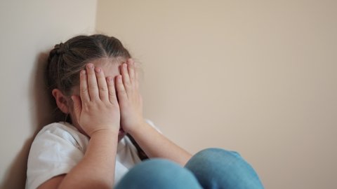 Sad Girl Sitting Corner Crying Covered Stock Footage Video (100% ...