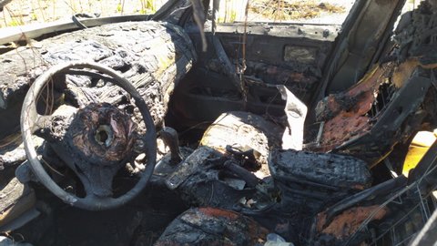 Wreck Car Burned Fire Melted Seats Stock Footage Video (100% Royalty ...