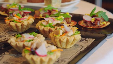 Closeup Different Snacks Meat Vegetables Herbs Stock Footage Video (100 ...