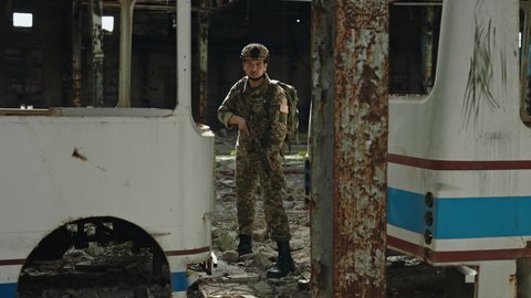 Concentrated Soldier Sniper Rifle Standing Between Stock Footage Video ...