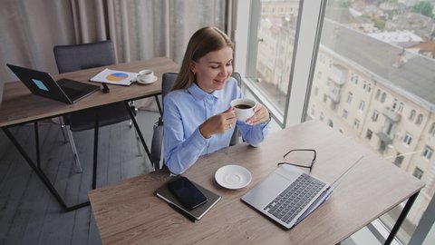 Drinking Coffee Lunch Break Office Longhaired Stock Footage Video (100% ...