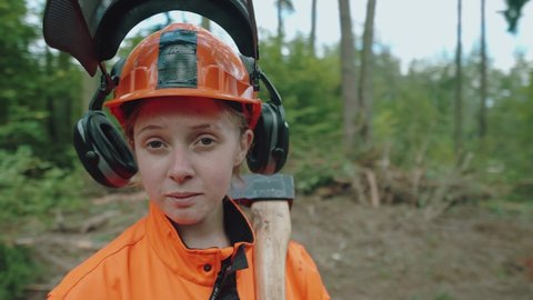 Hard Work Portrait Female Logger Standing Stock Footage Video (100% ...