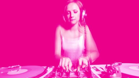 Beautiful Female Dj Playing Turntables Pink Stock Footage Video (100% ...