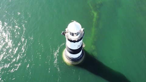 Lighthouse Aerial Descending View Birdseye Perspective Stock Footage ...