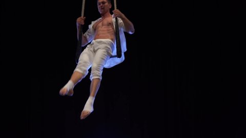 Muscular Male Aerial Circus Artist Performances Stock Footage Video ...