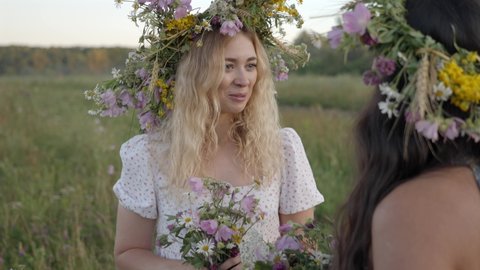Midsummer Two Girls Talking Weaving Wreaths Stock Footage Video (100% ...