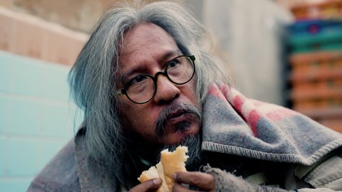 4k Head Longhaired Homeless Man Sits Stock Footage Video (100% Royalty ...