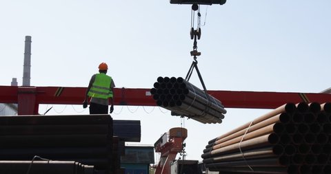Worker Transporting Stack Metal Pipes Gantry Stock Footage Video (100% ...