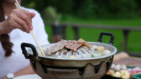 Woman Cooking Eating Moo Kata Thai Stock Footage Video (100% Royalty ...