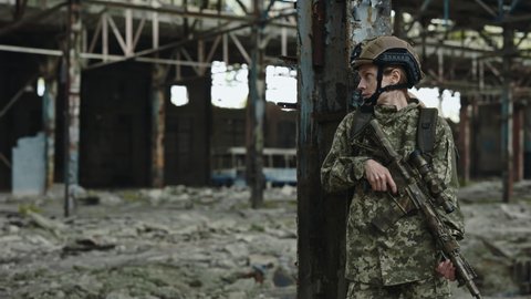 Concentrated Female Soldier Sniper Rifle Standing Stock Footage Video ...