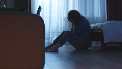 Lonely Sad Woman Sits Dark Room Stock Footage Video (100% Royalty-free ...