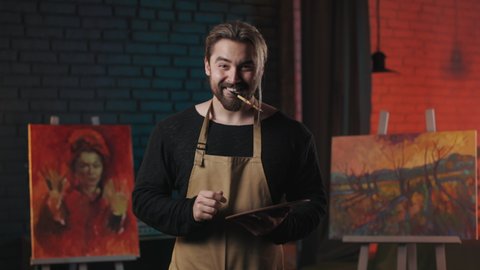 Positive Caucasian Artist Paintbrush Mouth Color Stock Footage Video ...