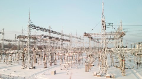 Aerial View Electrical Substation Winter High Stock Footage Video (100% ...