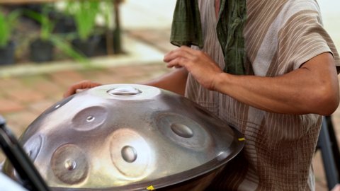 Closeup View Hands Man Playing Handpan Stock Footage Video (100% ...