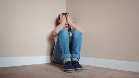 Sad Girl Sitting Corner Crying Indoor Stock Footage Video (100% Royalty ...