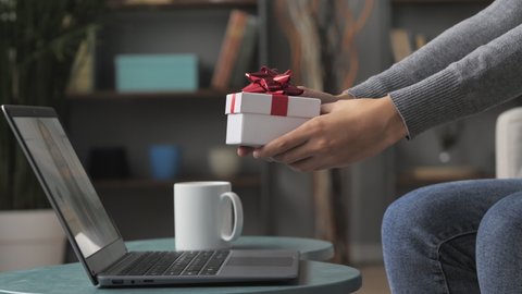 Remote Gift Exchangefemale Sitting Laptop Holding Stock Footage Video ...