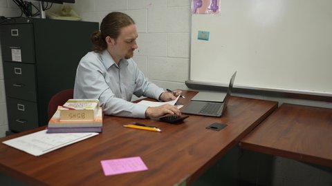 Lonely Teacher Sitting Desk Empty Classroom Stock Footage Video (100% ...