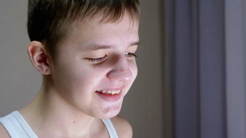 Portrait Handsome Smiling Guilty Child Downcast Stock Footage Video ...